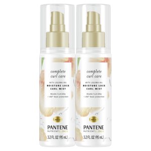 pantene heat protectant spray with jojoba oil for curly hair, nutrient blends moisture lock curl mist, sulfate free, 3.2 fl oz twin pack