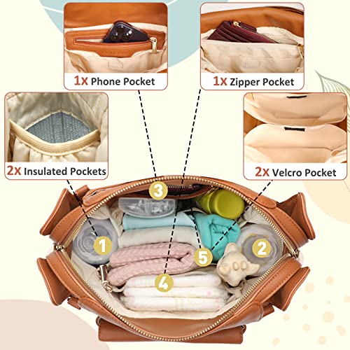 miss fong Small Diaper Bag, Mini Diaper Bag Dackpack Leather Diaper Bag Backpack with 12 Diaper Bag Organizer, Insulated Pocket, 2 Insulated Pockets (Brown)