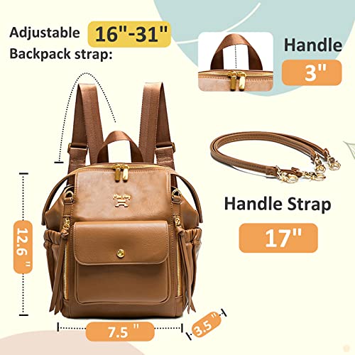 miss fong Small Diaper Bag, Mini Diaper Bag Dackpack Leather Diaper Bag Backpack with 12 Diaper Bag Organizer, Insulated Pocket, 2 Insulated Pockets (Brown)