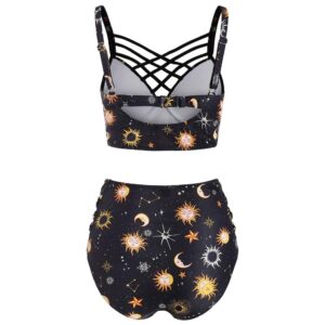 SevenDwarf Women's Sun Star Moon Lattice High Waisted Tankini Swimsuit Yellow