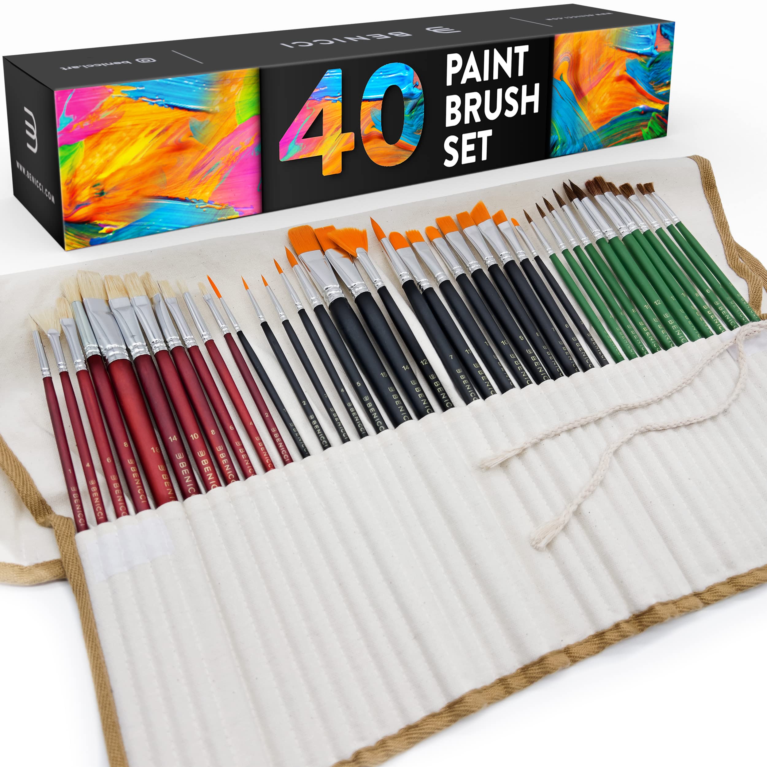 40 Pieces Professional Artist Paint Brush Set with Storage Case - Includes Round and Flat Art Brushes with Hog, Pony, Nylon Hair Bristles - Perfect for Acrylics, Watercolor, Gouache, Oil and Fabric