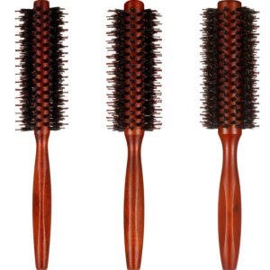 3 pieces boar bristle round brush for blow drying round hair brush with wood handle quiff roller brush for women men and girls (10/12/ 14 rows)