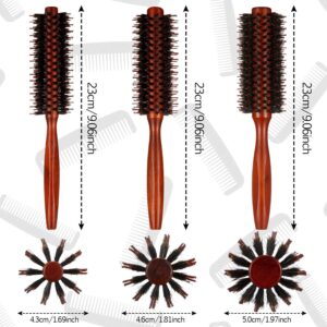 3 Pieces Boar Bristle Round Brush for Blow Drying Round Hair Brush with Wood Handle Quiff Roller Brush for Women Men and Girls (10/12/ 14 Rows)