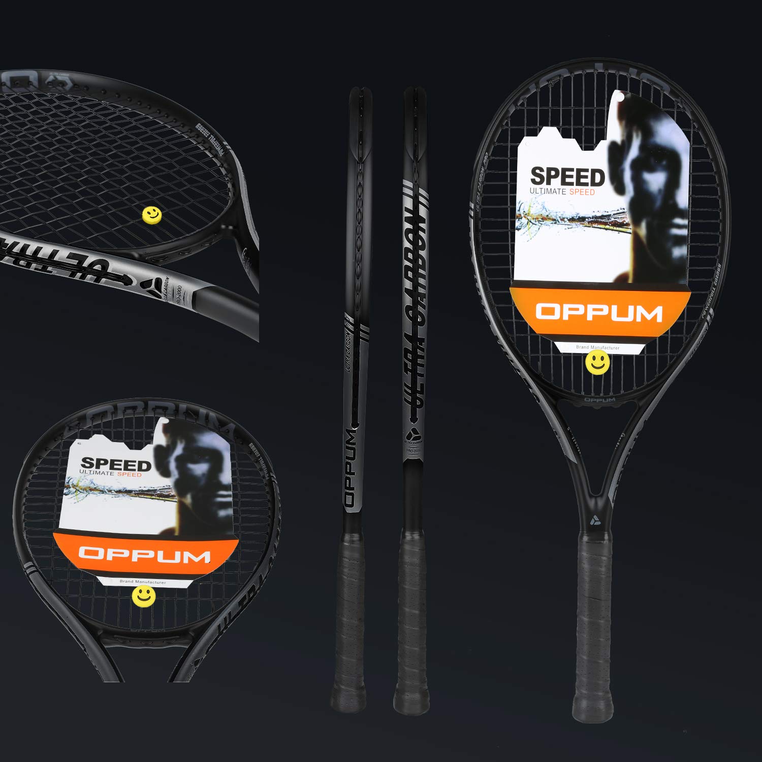 OPPUM Adult Carbon Fiber Tennis Racket, Super Light Weight Tennis Racquets Shock-Proof and Throw-Proof,Include Tennis Bag Tennis Overgrip (Graphene Racket PRO-2000 (Black), 4 1/4)