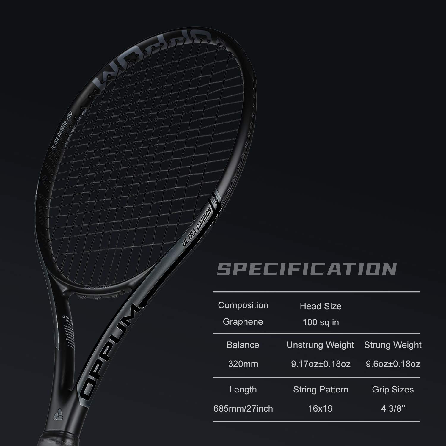 OPPUM Adult Carbon Fiber Tennis Racket, Super Light Weight Tennis Racquets Shock-Proof and Throw-Proof,Include Tennis Bag Tennis Overgrip (Graphene Racket PRO-2000 (Black), 4 1/4)