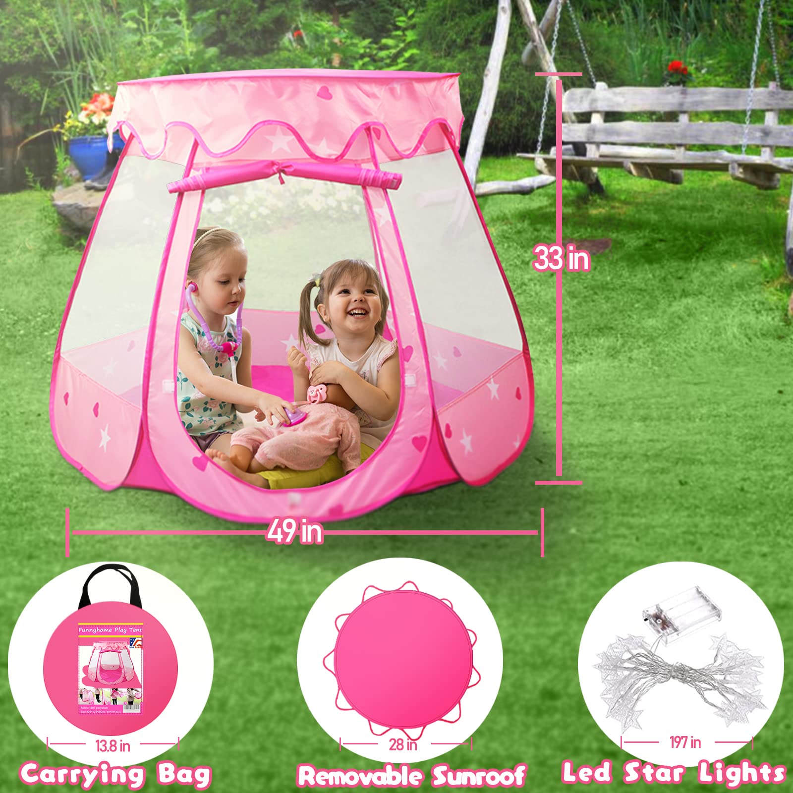 Crayline Pop Up Princess Tent with Star Light, Toys for 1 2 3 Year Old Girl Birthday Gift, Ball Pit for 12-18 Months Toddler Girl Toys, Easy to Pop Up and Assemble(Pink)