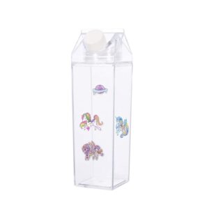 Bac-kitchen 2 Pack Milk Carton Water Bottle - Clear Square Milk Bottles BPA Free Portable Water Bottle with 23 PCS Stickers For Outdoor Sports Travel Camping Activities