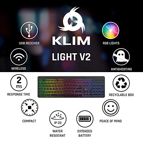 KLIM Light V2 Rechargeable Wireless Keyboard - New Version 2024 - Slim Durable Ergonomic - Backlit Wireless Gaming Keyboard for Laptop PC Mac PS4 PS5 Xbox One - Long-Lasting Built-in Battery