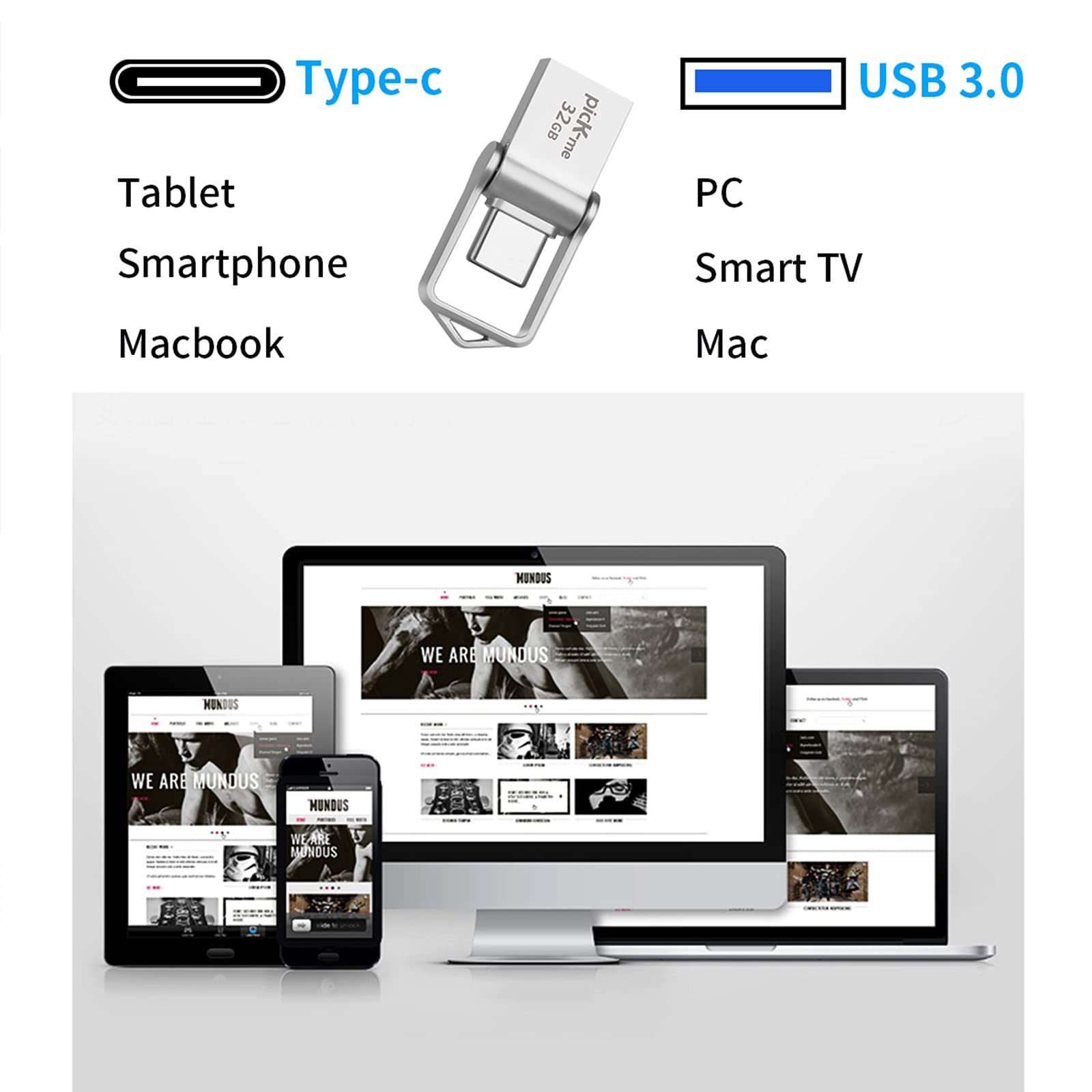 picK-me USB C Flash Drive, 2-in-1 USB 3.0 Thumb Drive, Dual USB Memory Stick Drive High Speed, for Type-C Android Smartphones Tablets and New MacBook (32G)