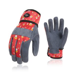 vgo... 1-pair age 6-7 kids soft deerskin leather winter outdoor gloves for playing, riding, hiking (size l,red, db3561fw)