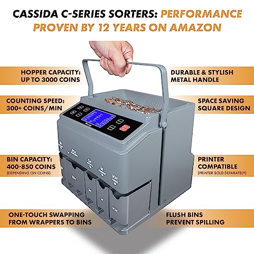 Cassida C300 Professional USD Coin Counter, Sorter and Wrapper/Roller, 300 coins/min, with Quickload and Printing-Compatible,Gray