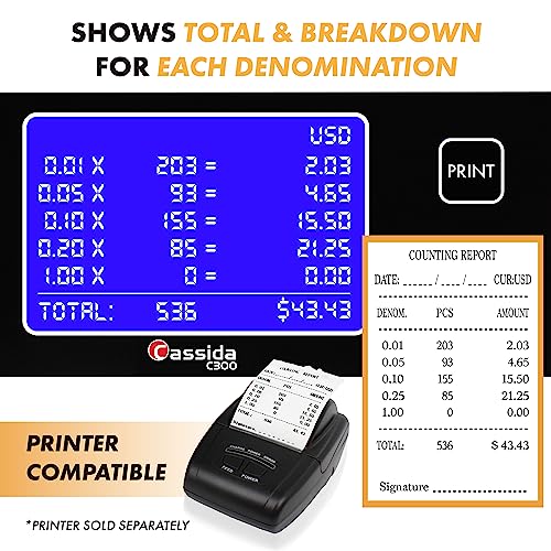 Cassida C300 Professional USD Coin Counter, Sorter and Wrapper/Roller, 300 coins/min, with Quickload and Printing-Compatible,Gray