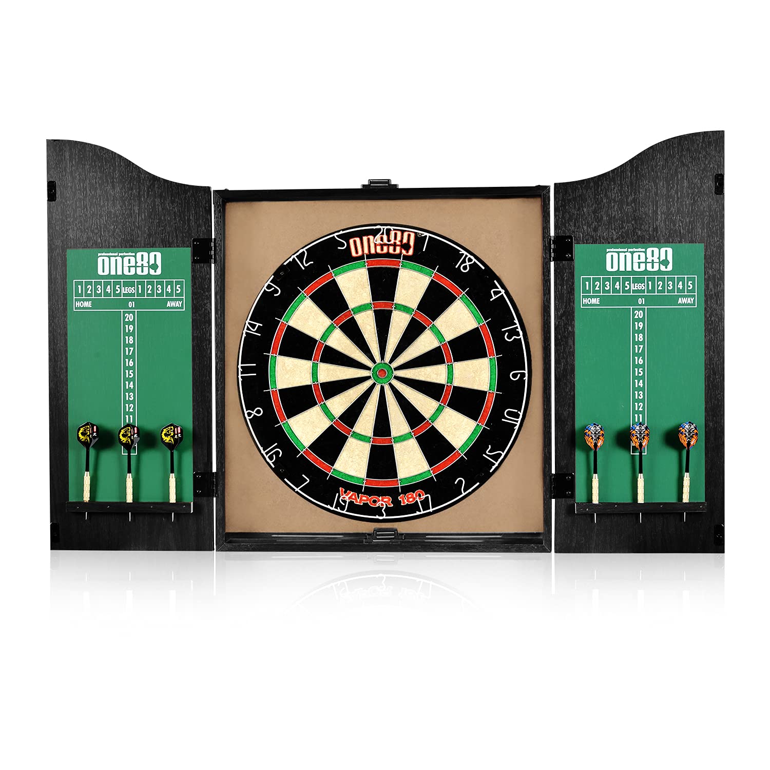 ONE80 All-in-One Dartgame Center with Self-Healing Sisal Dartboard & Multifunctional Cabinet. 12 Steeltip Darts and Mounting Kit Included (Paper Dartboard Cabinet Set)