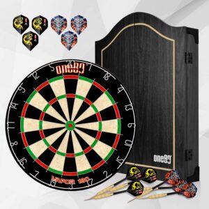 ONE80 All-in-One Dartgame Center with Self-Healing Sisal Dartboard & Multifunctional Cabinet. 12 Steeltip Darts and Mounting Kit Included (Paper Dartboard Cabinet Set)