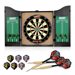 ONE80 All-in-One Dartgame Center with Self-Healing Sisal Dartboard & Multifunctional Cabinet. 12 Steeltip Darts and Mounting Kit Included (Paper Dartboard Cabinet Set)