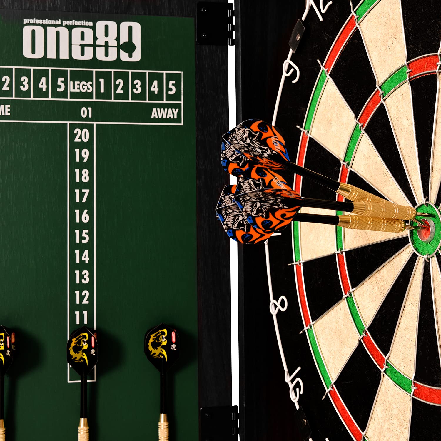 ONE80 All-in-One Dartgame Center with Self-Healing Sisal Dartboard & Multifunctional Cabinet. 12 Steeltip Darts and Mounting Kit Included (Paper Dartboard Cabinet Set)