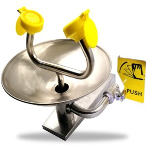 jj care yellow eye wash station - continuous flow dual spray heads eye wash units - hands-free emergency eyewash station - wall mount stainless steel eye washing irrigation - portable eye washer