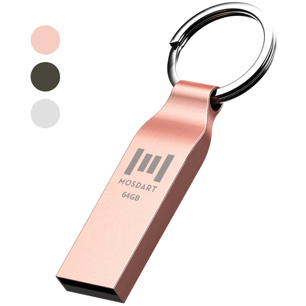 MOSDART 64GB USB 2.0 Flash Drive Metal Keychain exFAT Zip Drive Waterproof Thumb Drive 64 GB Dustproof USB2.0 Jump Drive 64G Shockproof Memory Stick for Storage and Backup,Rose Gold