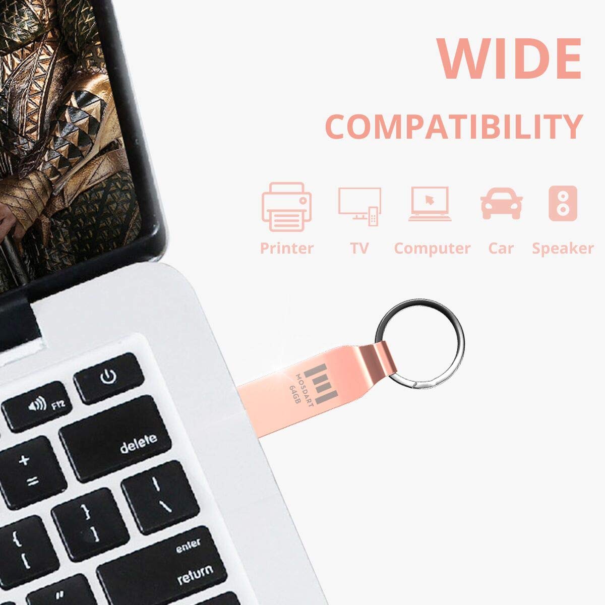 MOSDART 64GB USB 2.0 Flash Drive Metal Keychain exFAT Zip Drive Waterproof Thumb Drive 64 GB Dustproof USB2.0 Jump Drive 64G Shockproof Memory Stick for Storage and Backup,Rose Gold