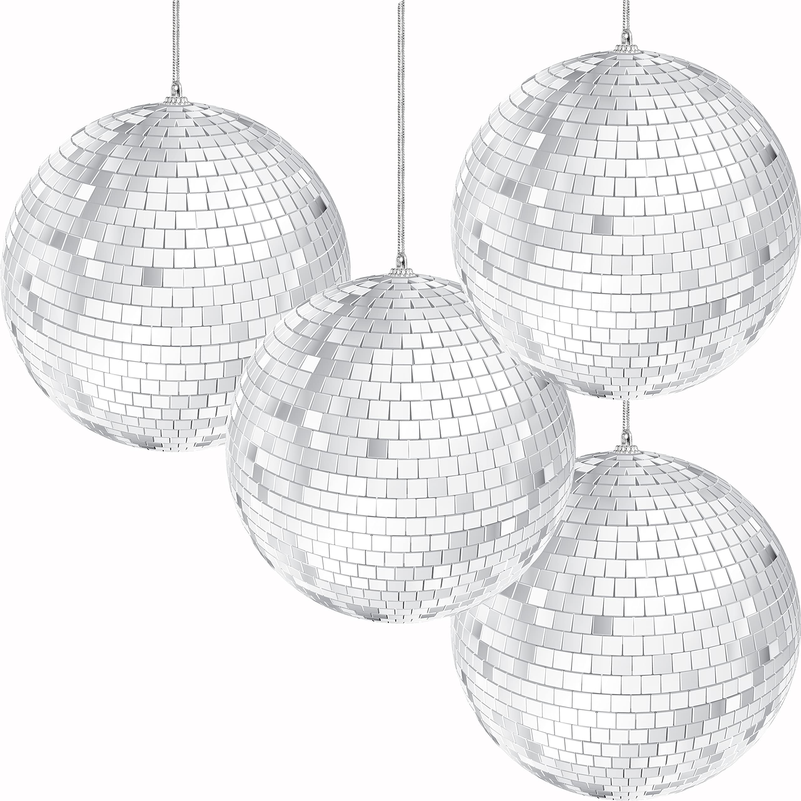 The Dreidel Company Mirror Disco Ball 4" Inch 4-Pack, Silver Hanging Ball with Attached String for Ring, Reflects Light, Fun Party Home Bands Decorations, Party Favor (4-Pack)