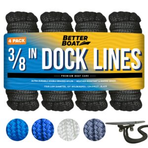 dock lines boat ropes for docking 3/8" line double braided mooring marine rope 15ft nylon rope boat dock line for docking ropes for boats with loop boating rope braided 15' feet ties black 4 pack