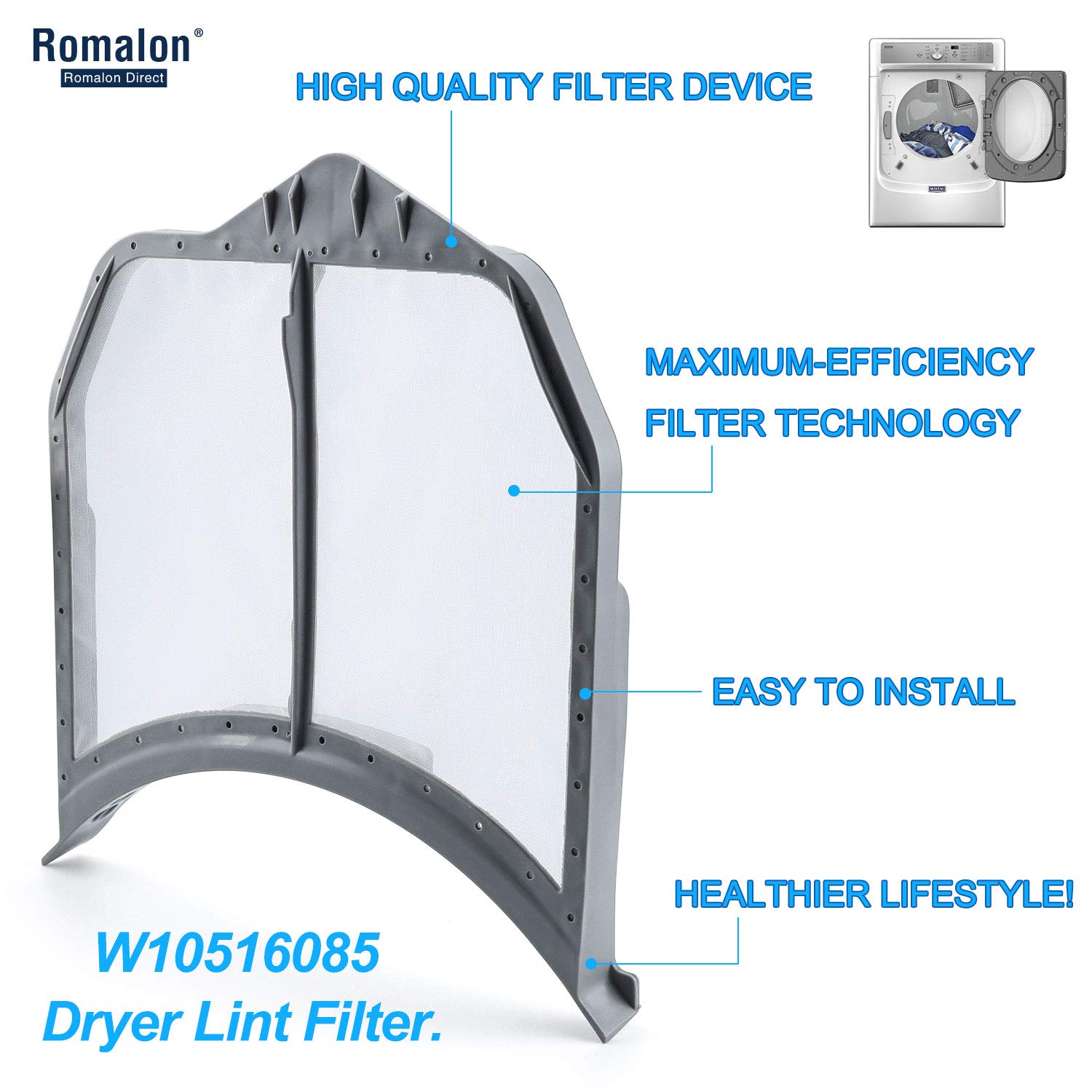 W10516085 Dryer Lint Filter by Romalon Replacement for Whirl-pool Dryer Lint Trap Filter Screen Replaces W10211906 W10370972 WPW10516085 3188345 AP6022545 PS11755878 EAP11755878 1Pack