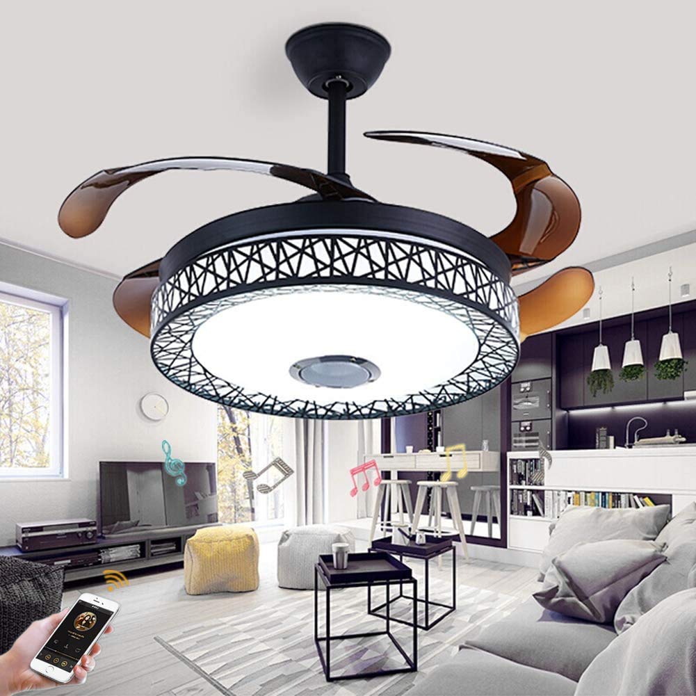 Razaban 42 inch Ceiling Fan Light with Bluetooth Speaker and Remote Control, Modern 3-Color Dimming Chandelier Mute Ceiling Fans with Lights for Bedroom Dining/Living Room (42inch-Black)