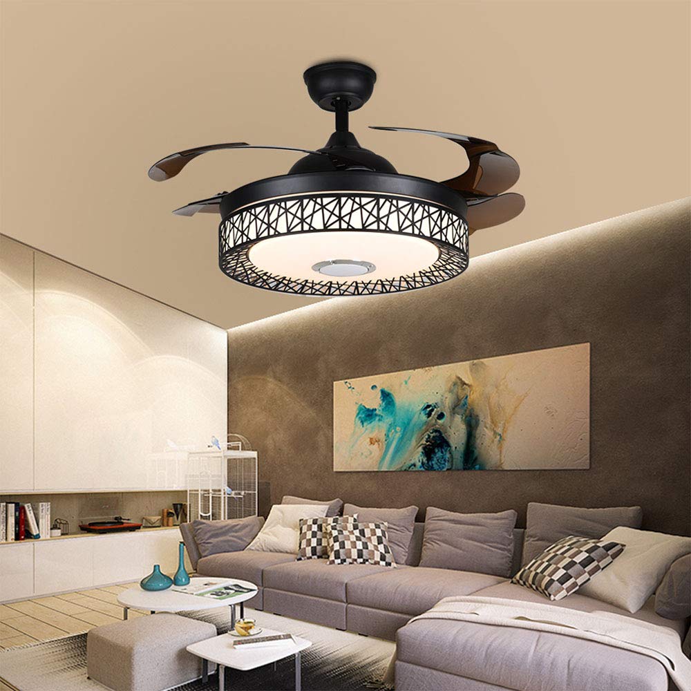 Razaban 42 inch Ceiling Fan Light with Bluetooth Speaker and Remote Control, Modern 3-Color Dimming Chandelier Mute Ceiling Fans with Lights for Bedroom Dining/Living Room (42inch-Black)