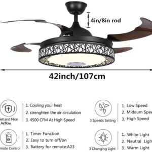 Razaban 42 inch Ceiling Fan Light with Bluetooth Speaker and Remote Control, Modern 3-Color Dimming Chandelier Mute Ceiling Fans with Lights for Bedroom Dining/Living Room (42inch-Black)