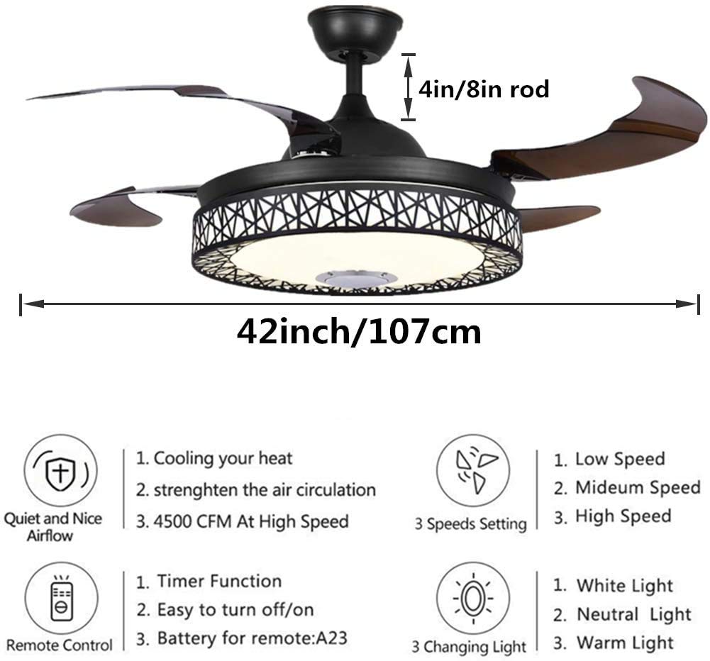 Razaban 42 inch Ceiling Fan Light with Bluetooth Speaker and Remote Control, Modern 3-Color Dimming Chandelier Mute Ceiling Fans with Lights for Bedroom Dining/Living Room (42inch-Black)