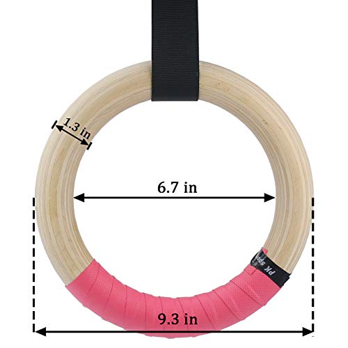 Sunnyglade 2Pcs Wood Gymnastics Rings with 16FT Long Adjustable Straps & 4Pcs Non-Slip Hand Tapes Exercise Training Rings for Home/Gym Full Body Strength Training