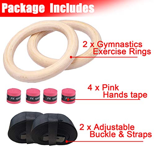 Sunnyglade 2Pcs Wood Gymnastics Rings with 16FT Long Adjustable Straps & 4Pcs Non-Slip Hand Tapes Exercise Training Rings for Home/Gym Full Body Strength Training