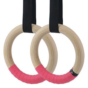 Sunnyglade 2Pcs Wood Gymnastics Rings with 16FT Long Adjustable Straps & 4Pcs Non-Slip Hand Tapes Exercise Training Rings for Home/Gym Full Body Strength Training