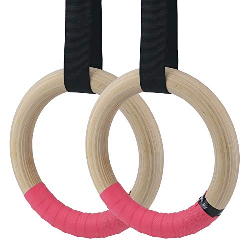 Sunnyglade 2Pcs Wood Gymnastics Rings with 16FT Long Adjustable Straps & 4Pcs Non-Slip Hand Tapes Exercise Training Rings for Home/Gym Full Body Strength Training