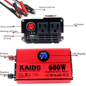 KAIDS Power Inverter Full Power 600W Car Inverter Laptop Charger Peak 1200W DC 12V to 110V AC Car Inverter USB Ports Charger Adapter Car Plug Converter with Switch and Current LED Screen (600w)