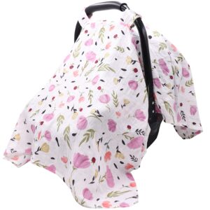 muslin baby car seat cover for boys girls, infant car seat canopy, summer car seat tent lightweight breathable, pink flower