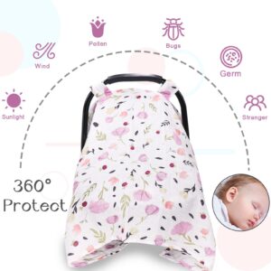 Muslin Baby Car Seat Cover for Boys Girls, Infant Car Seat Canopy, Summer Car Seat Tent Lightweight Breathable, Pink Flower