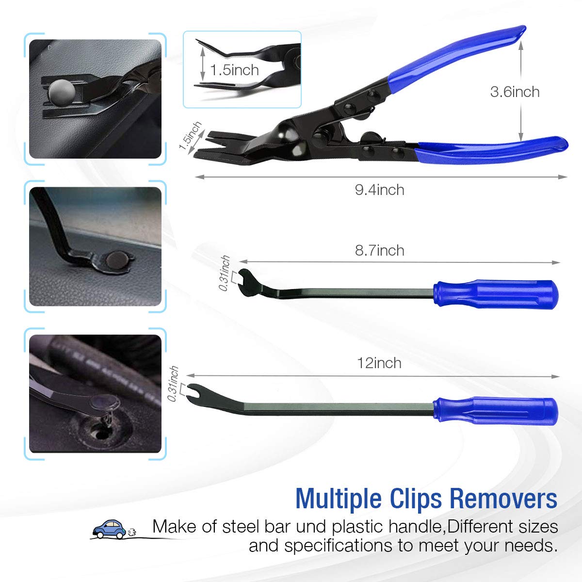 BYNIIUR Trim Removal Tool,Auto Push Pin Bumper Retainer Clip Set Fastener Terminal Remover Tool Adhesive Cable Clips Pry Kit Car Panel Radio Removal Auto Clip Pliers, Blue