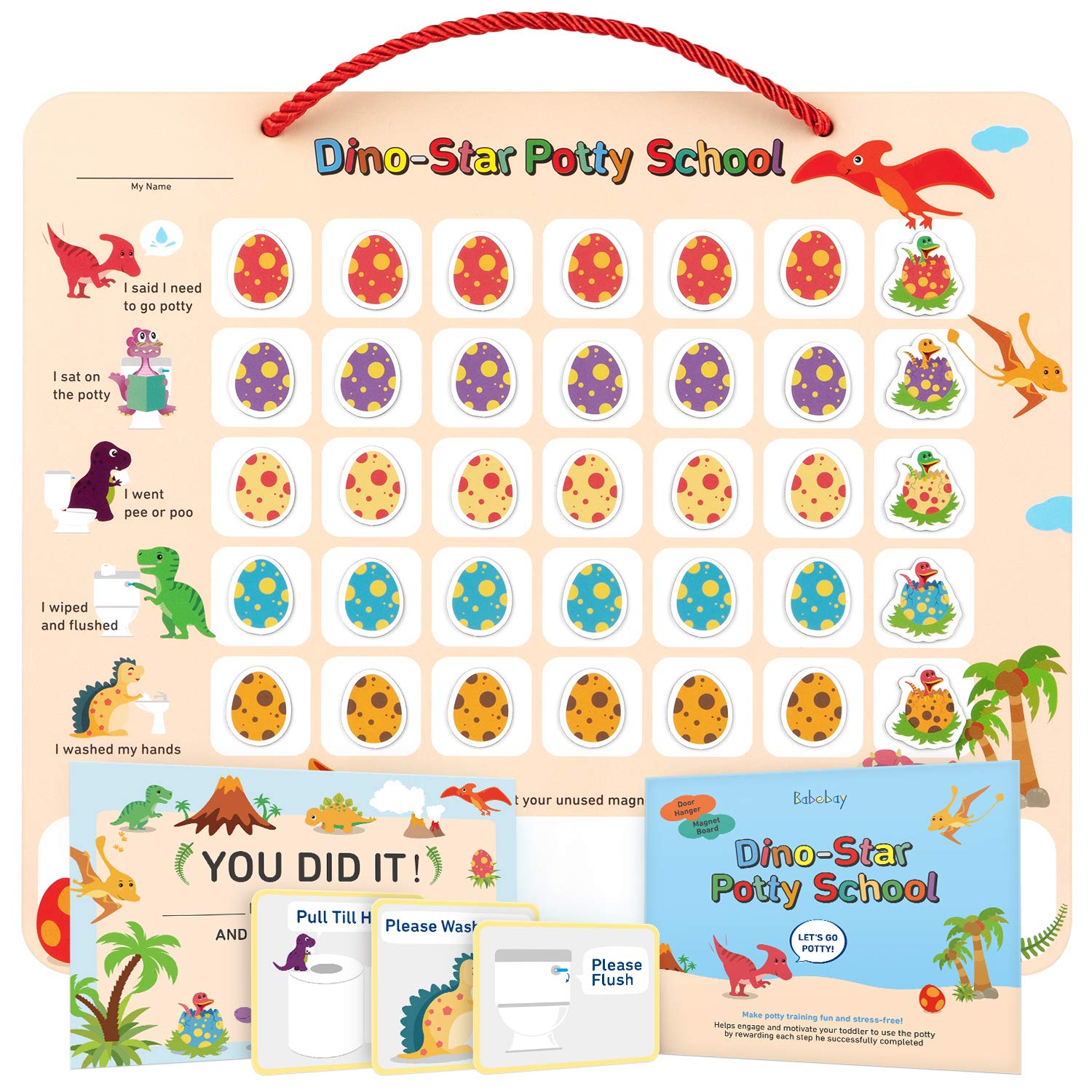 Potty Training Chart for Toddlers,Boys,Girls - Dinosaur Design - Magnetic Sticker Chart, Waterproof Magnetic Potty Training Reward Chart, Certificate, 3 Instruction Steps, 35 Magnetic Stickers (Beige)