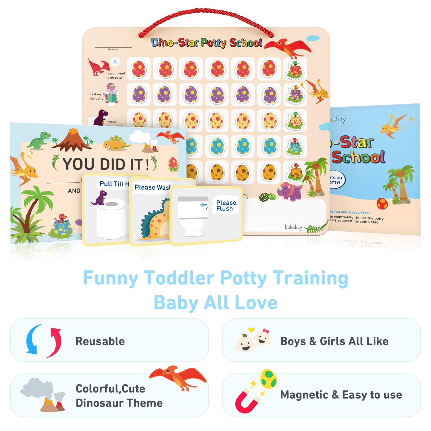 Potty Training Chart for Toddlers,Boys,Girls - Dinosaur Design - Magnetic Sticker Chart, Waterproof Magnetic Potty Training Reward Chart, Certificate, 3 Instruction Steps, 35 Magnetic Stickers (Beige)