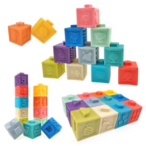 soft stacking blocks for baby infant and toddler, baby building blocks, teething chewing toys, educational baby toys with numbers, shapes, animals, fruits & textures for 0 - 3 years old, pack of 12