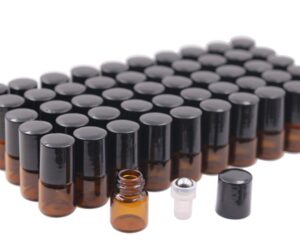 usrommaner 50 pack 1ml amber glass vials roll on bottle,glass roller bottle with stainless steel roller ball,black cap lid-perfect sample for essential oils,aromatherapy,no leak,free opener&dropper