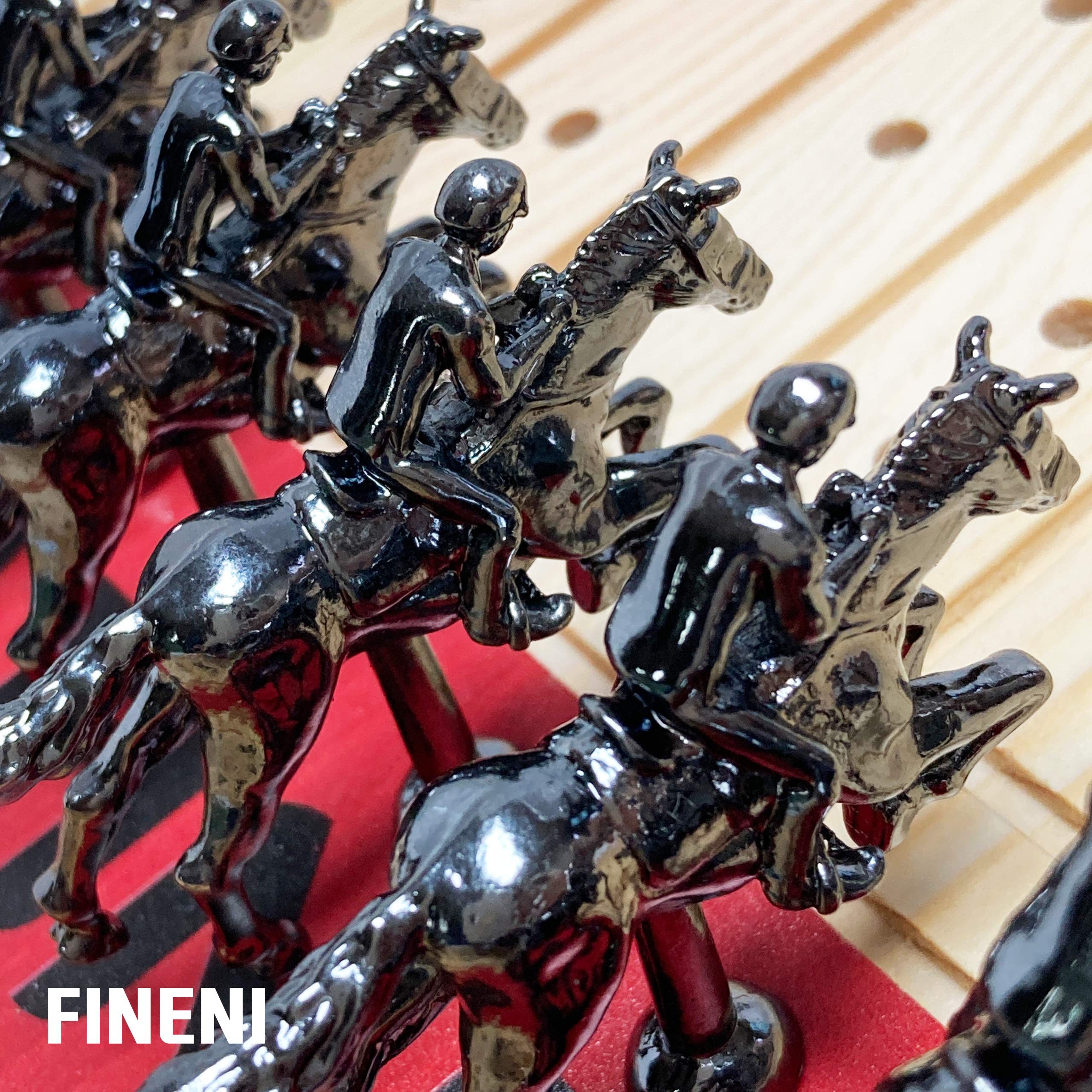 FINENI Horse Racing Board Game with Luxurious Durable Metal Horses, 11 Pieces, Black, Real Pine Wood Horseracing Game Board, Dice and Cards