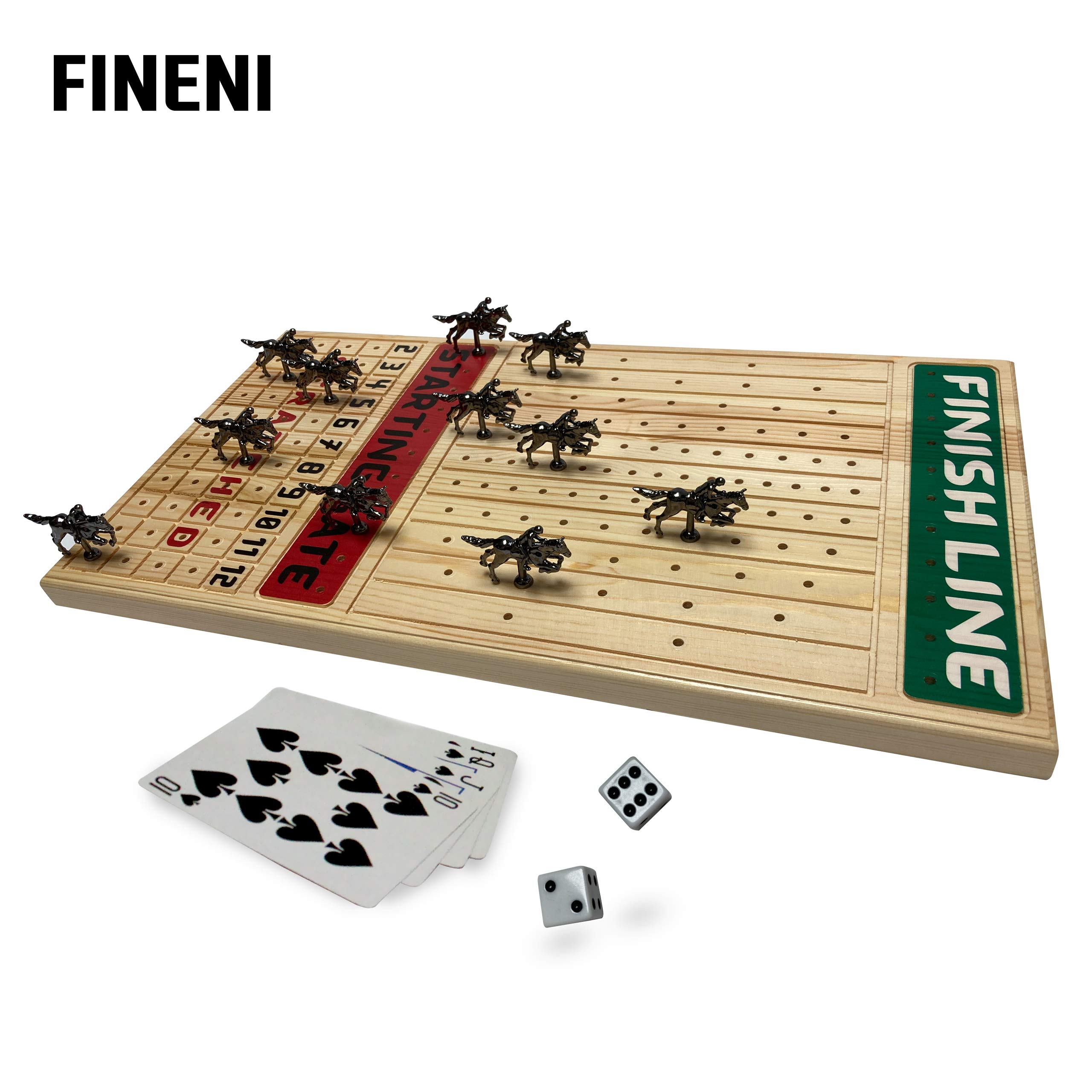 FINENI Horse Racing Board Game with Luxurious Durable Metal Horses, 11 Pieces, Black, Real Pine Wood Horseracing Game Board, Dice and Cards