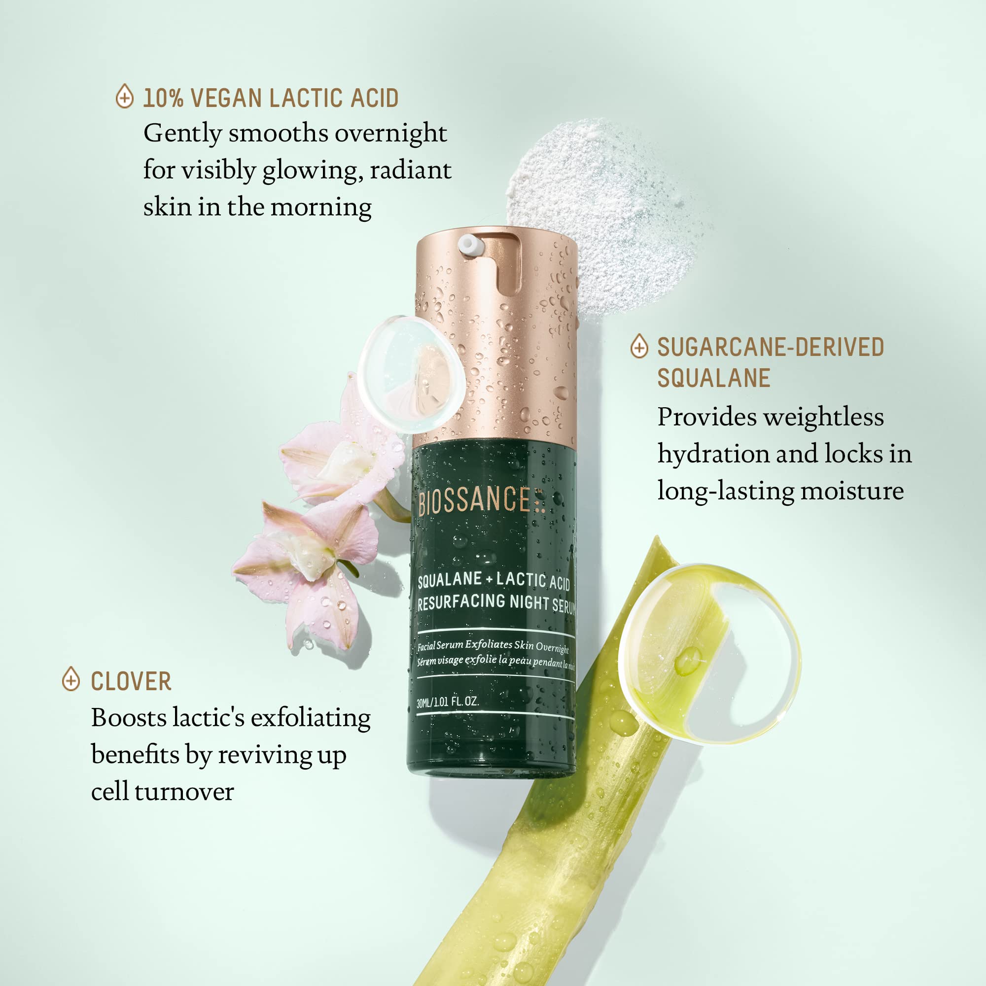 Biossance Squalane + Lactic Acid Resurfacing Night Serum. An Exfoliating AHA to Soften and Smooth Skin, Diminish Fine Lines and Brighten Complexion (1.0 ounces)