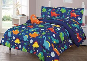 bedding haus twin kids comforter bedding set (6pc), multi-color dinosaur design, fun and bright bed covers boy girl kids, comforter, pillow sham, toy pillow, 3pc sheet set, twin 6pc dino multi