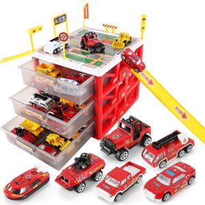 wishtime parking lot car garage playset matchbox cars playsets,vehicle toy fire car storage box toys set educational gift with 6 fire trucks, ramps, traffic signs for kids