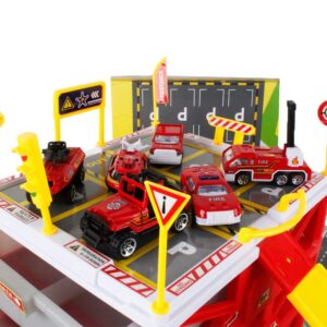 WISHTIME Parking Lot Car Garage Playset Matchbox Cars playsets,Vehicle Toy Fire Car Storage Box Toys Set Educational Gift with 6 Fire Trucks, Ramps, Traffic Signs for Kids