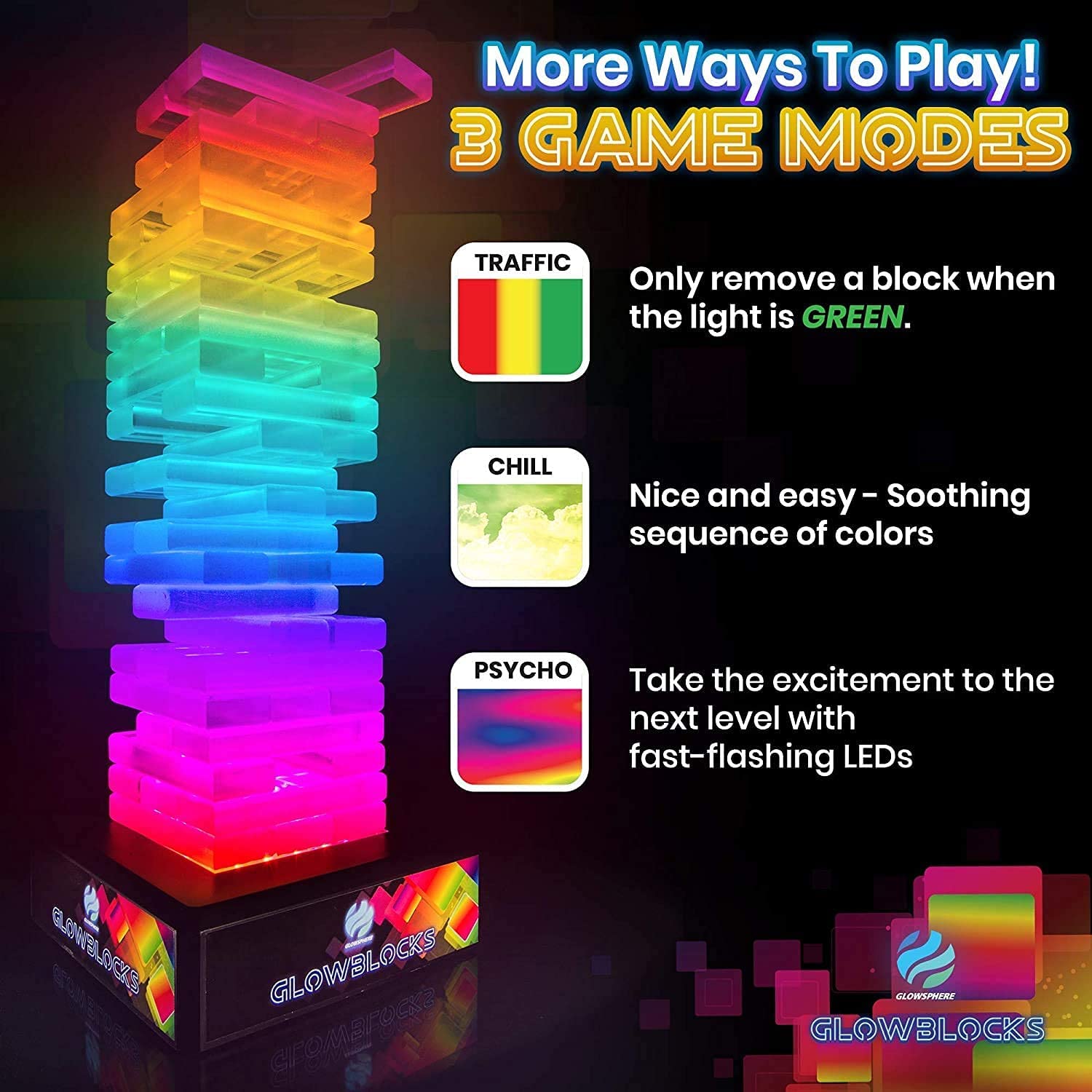 Glowblocks Light-Up Tumbling Tower Game, First Ever LED Building Blocks Stacking Game, Indoor Board Game for Kids and Adults for Family Game Night