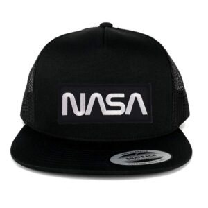 armycrew nasa black white worm patch 5 panel flat bill trucker mesh cap - black - regular